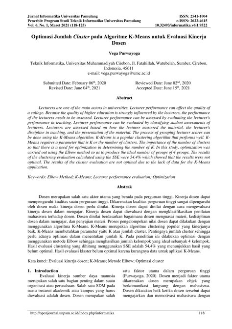 Pdf Optimasi Jumlah Cluster Pada Algoritme K Means Untuk Evaluasi