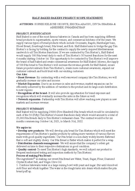 Scope Bakery Assignment Half Baked Bakery Project Scope Statement