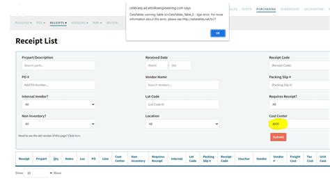 Datatable Error Purchasing Receipts New Version Software Bugs