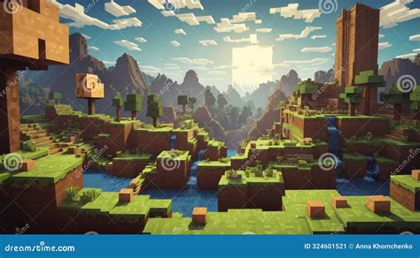 Nature Pixel Landscape Video Game User Interface In Minecraft Style 8 Bit Background Stock
