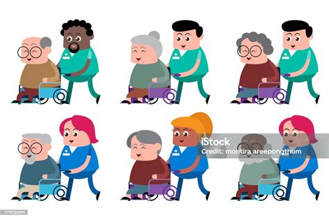감정 귀여운 벡터 삽화 평면 만화 캐릭터 라이프 스타일 노인 여자 남자 팔 Chari 지팡이와 보행기로 걷다 감정에 대한 스톡 벡터 아트 및 기타 이미지 Istock