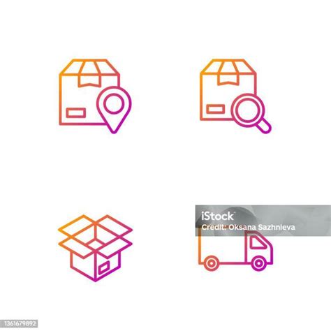 세트 라인 배달화물 트럭 언박싱 골판지 및 검색 패키지 위치 그라데이션 색상 아이콘입니다 벡터 감시에 대한 스톡 벡터 아트 및 기타 이미지 Istock