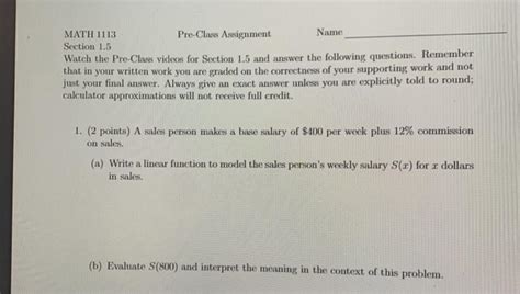 Solved Math 1113 Pre Class Assignment Name Section 1 5 Watch