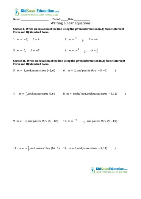 Writing Linear Equations Algebra Worksheet Template Printable Pdf Download