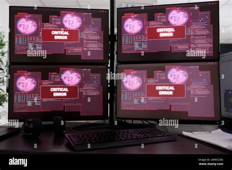 Empty It Office With Computers Monitor Having Critical Error Message On Screen Showing Hacking