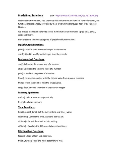 Predefined Functions In C Pdf