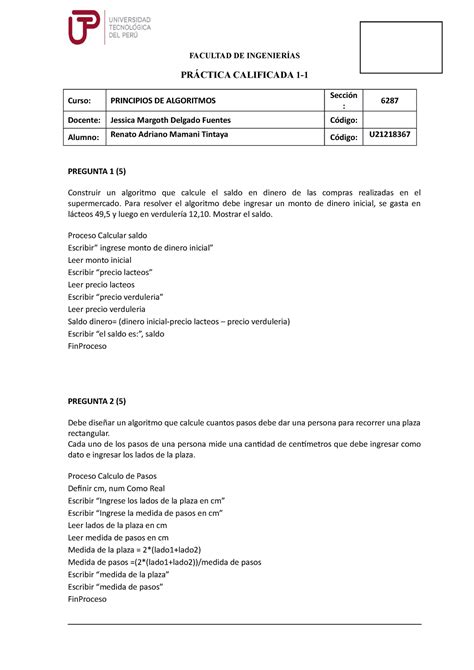 Pc1 1 Primera Practica Calificada Resuelta De Principio De Algoritmos