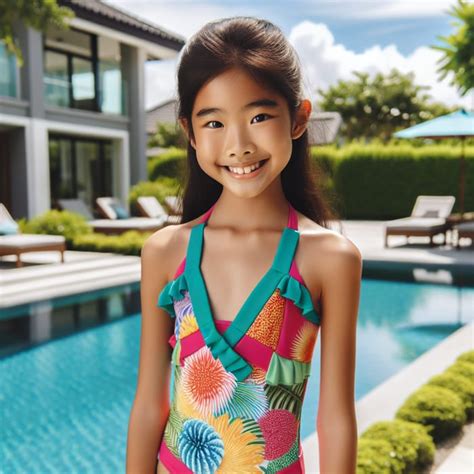 Young Asian Girl In Vibrant Swim Suit At Crystal Clear Pool Ai Art Generator Easy Peasy Ai