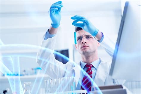 Premium Photo Scientist With Tube Pcr And Virtual Screen With Data