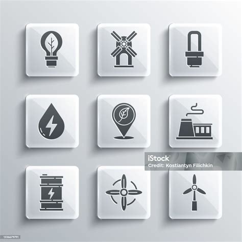 설정 풍력 터빈 공장 잎 바이오 연료 배럴 물 에너지 전구 및 Led 조명 아이콘 위치 벡터 0명에 대한 스톡 벡터 아트 및 기타 이미지 Istock