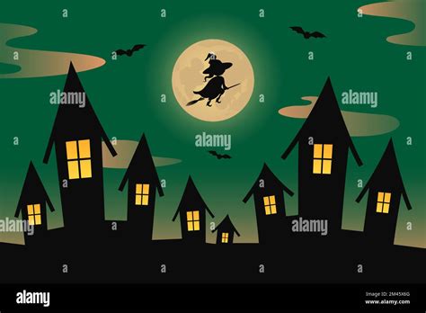 Witch Flying On Broom Over Town Vector Illustration Stock Vector Image
