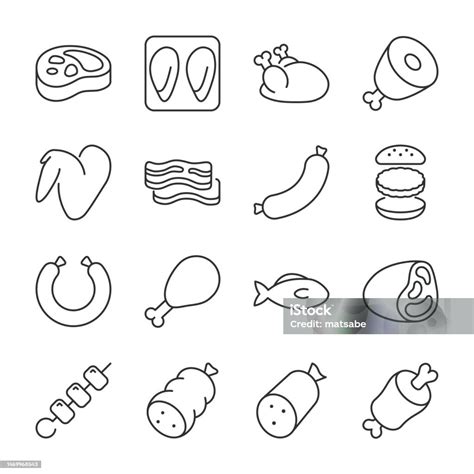 고기 아이콘을 설정합니다 닭고기 돼지 고기 송아지 고기 생선의 육류 제품 스테이크 소시지 고기 허리 커틀릿 뼈에 고기 부품 선형