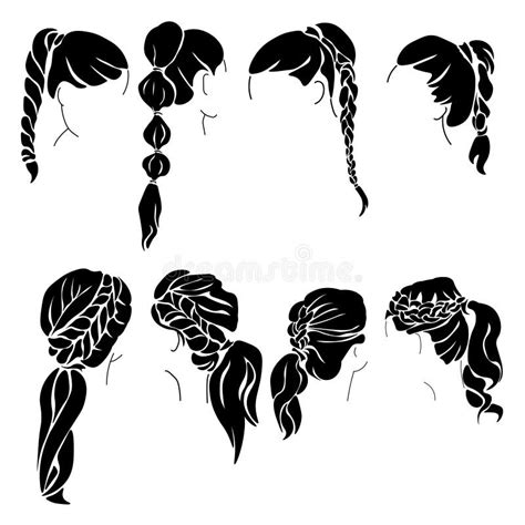 Set Of Silhouettes Of Women`s Hairstyles With Braids And Tails Stylish Hairstyles For Long And