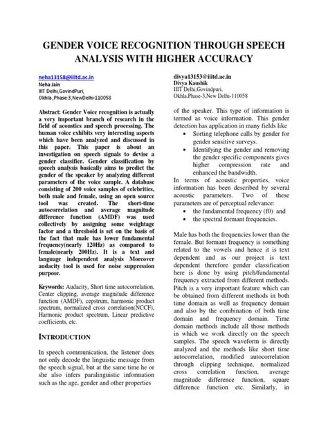 Gender Recognition By Speech Analysis Pdf Pitch Music Spectral