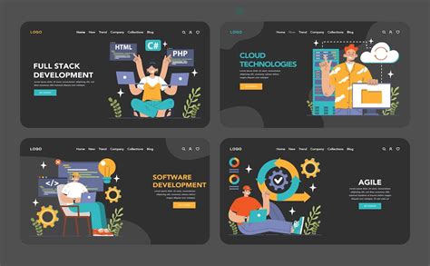 Premium Vector Software Development Web Banner Or Landing Page Dark Or Night Mode Set Coding
