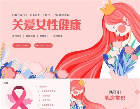 粉色插画女性乳房护理培训PPT课件 包站长
