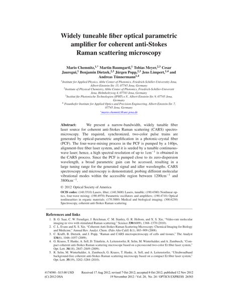Pdf Widely Tunable Fiber Optical Parametric Amplifier For Coherent Anti Stokes Raman