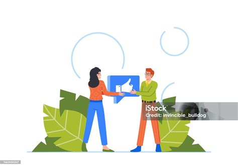 젊은 남자와 여자는 소셜 네트워크에서 좋아요를 공유합니다 인터넷에서 감정 표현하기 만화 벡터 일러스트 레이 션 키 가상현실에