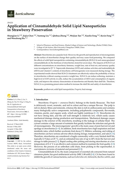 Pdf Application Of Cinnamaldehyde Solid Lipid Nanoparticles In Strawberry Preservation
