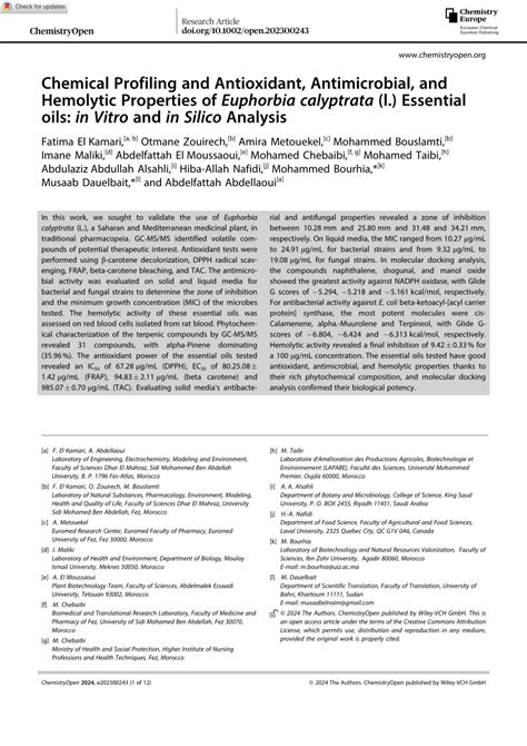 Pdf Chemical Profiling And Antioxidant Antimicrobial And Hemolytic Properties Of Euphorbia