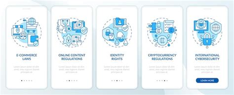 사이버 법 모바일 앱 화면 세트를 나타내는 2d 아이콘 5단계 파란 그래픽 지침과 ⁇ 은 선 아이콘 개념 Ui Ux Gui