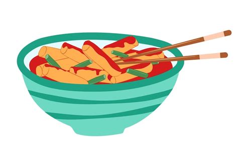 떡볶이 접시 플랫 및 낙서 벡터 일러스트 레이 션에 매운 소스에 한국 떡 스틱 프리미엄 벡터