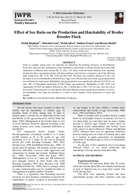 Pdf Effect Of Sex Ratio On The Production And Hatchability Of Broiler Breeder Flock