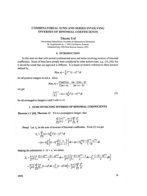 Combinatorial Sums And Series Involving Inverses Of Binomial Coefficients Tiberiu Trif Pdf