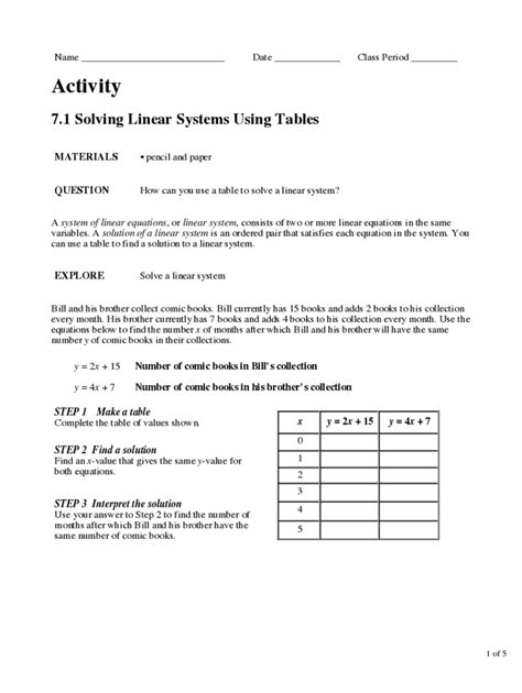Fillable Online Activity 71 Solving Linear Systems Using Tables Fax