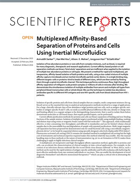 Pdf Multiplexed Affinity Based Separation Of Proteins And Cells Using Inertial Microfluidics