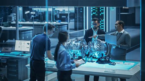 젊은 엔지니어 팀 프로젝트 관리자 및 기계 운영자는 과학 기술 실험실에서 태블릿 및 랩톱 컴퓨터와 함께 서 있는 새로운 유형의