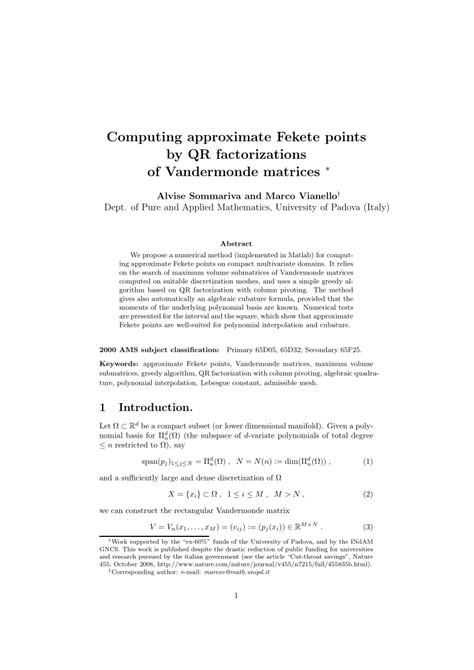 Pdf Computing Approximate Fekete Points By Qr Factorizations Of Vandermonde Matrices