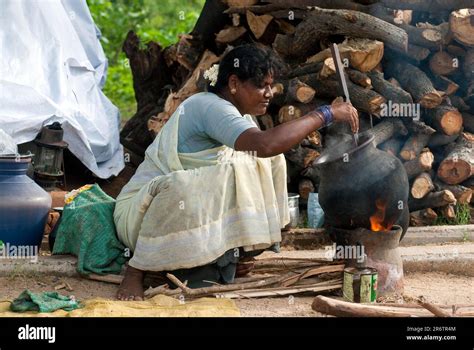A Village Woman Cooking On Clay Hearth At Sevelimedu Near Kanchipuram