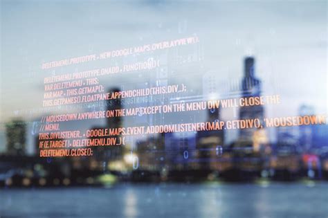 Premium Photo Multi Exposure Of Abstract Programming Language Hologram On Blurry Office