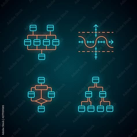 Diagrams Neon Light Icons Set Network Tree Function Graph Flowchart Planning Process Flow
