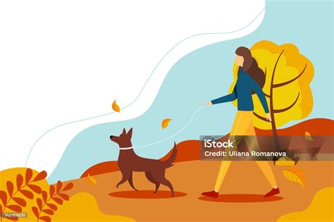 가을에 공원에서 개와 함께 걷는 여성 활동적인 라이프 스타일 야외 레크리에이션의 개념 플랫 스타일로 귀여운 일러스트 10월에 대한 스톡 벡터 아트 및 기타 이미지 Istock