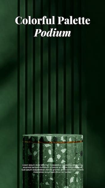 Цилиндрический подиум с рисунком терраццо на фоне портретной зеленой стены 3d визуализация