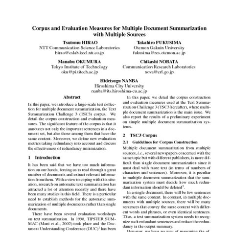 Corpus And Evaluation Measures For Multiple Document Summarization With Multiple Sources Acl
