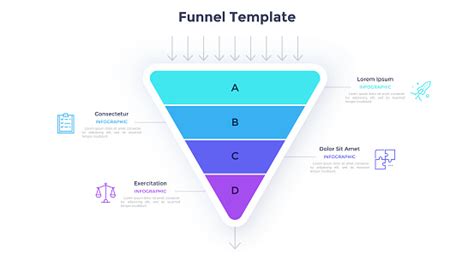 Triangular Funnel Chart Divided Into Four Colorful Parts And Arrows