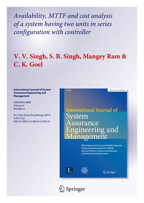 Pdf 2013 Availability Mttf And Cost Analysis Of A System Having Two Units In Series