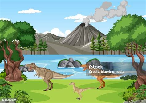 ฉากที่มีไดโนเสาร์ในป่า ภาพประกอบสต็อก ดาวน์โหลดรูปภาพตอนนี้ Jurassic กลางแจ้ง การตั้งค่า