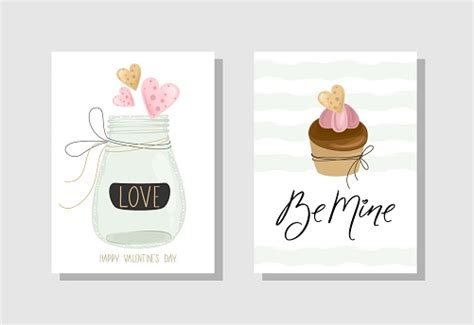 꽃 과자 가지 낭만적 인 요소와 필기 텍스트와 발렌타인 데이 인사말 카드의 집합입니다 벡터 그림입니다 초대 인사 인사말 포스터에