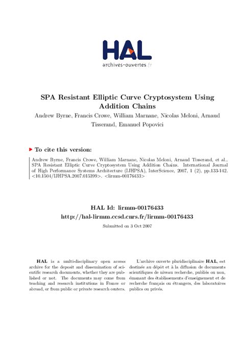 Pdf Spa Resistant Elliptic Curve Cryptosystem Using Addition Chains