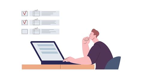 온라인 쇼핑 개념입니다 청년은 컴퓨터의 웹 스토어에서 선물을 구입합니다 행복 한 현대 남자 디지털 상점 벡터 개념 가공의 인물에 대한 스톡 벡터 아트 및 기타 이미지