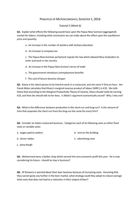 Principles Of Microeconomics Tutorial 5 Principles Of Microeconomics Semester 1 2016