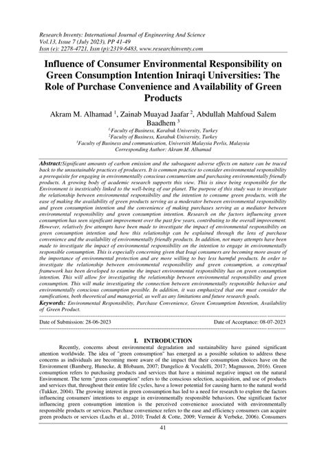 Pdf Influence Of Consumer Environmental Responsibility On Green Consumption Intention Iniraqi