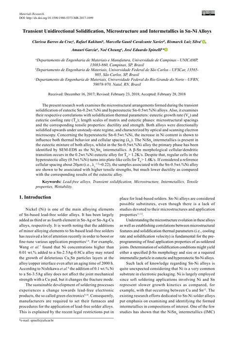 Pdf Transient Unidirectional Solidification Microstructure And Intermetallics In Sn Ni Alloys
