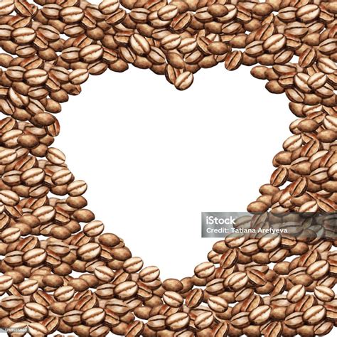 커피 원두와 하얀 하트 모양이 있는 수채화 배경 커피 테마가 있는 프레임 흰색 배경에 분리된 갈색 커피 씨앗의 손으로 그린 그림 0명에 대한 스톡 벡터 아트 및 기타 이미지