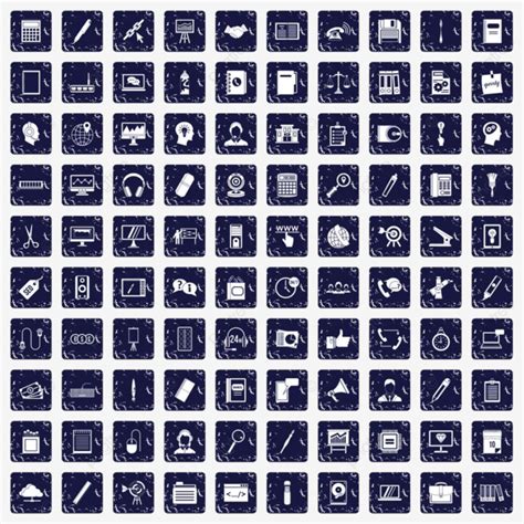 흰색 배경 벡터 일러스트 레이 션에서 절연 그런 지 스타일 사파이어 색상에서 설정 100 사무 아이콘 목록 종이 클립 달러 Png 일러스트 및 벡터 에 대한 무료