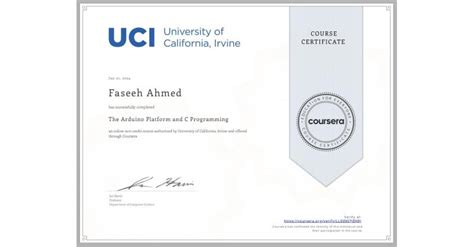 completion certificate for the arduino platform and c programming faseeh ahmed